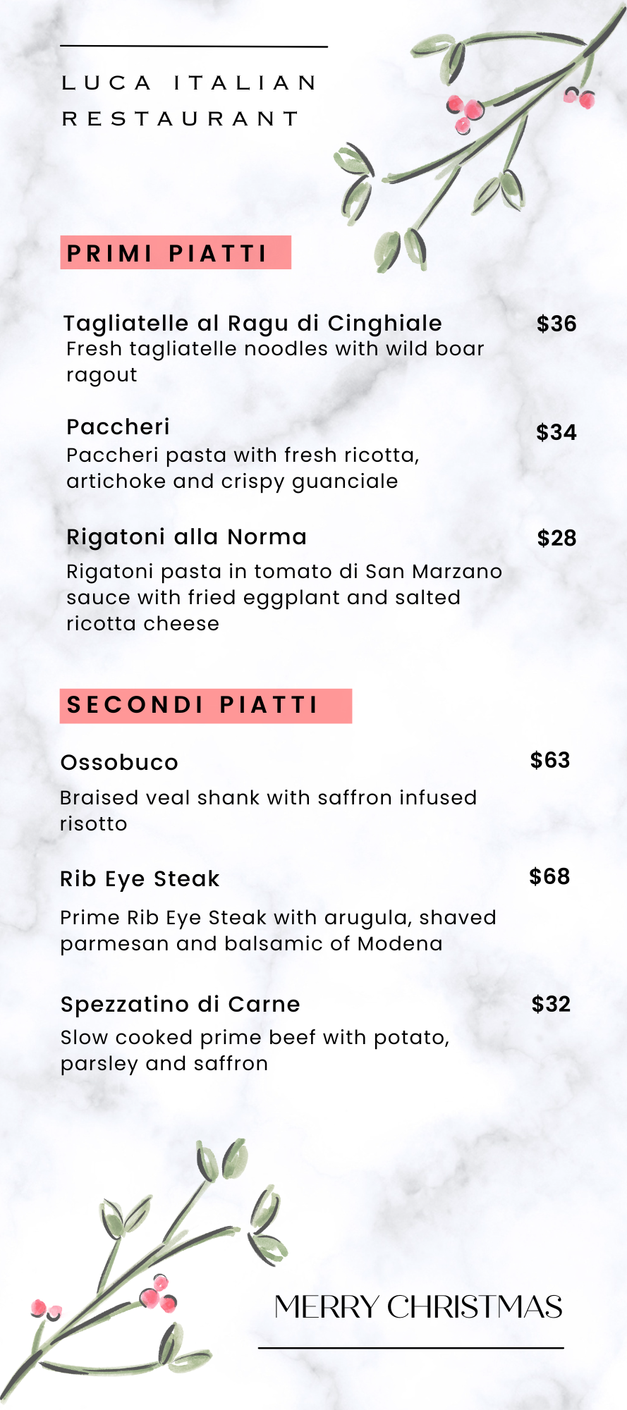 Special Menu - Luca Italian Restaurant & Wine Bar